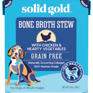 solid gold bone broth stew - dog food topper & dog treat rich in natural collagen for gut health - grain free formula packed with protein & hearty vegetables - great for picky eaters - 6 pack