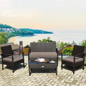 moccha 4-piece patio rattan furniture set, outdoor wicker conversation w/ padded cushion & coffee table, bistro sofa set w/ tempered glass tabletop for outdoor indoor patio poolside backyard, brown