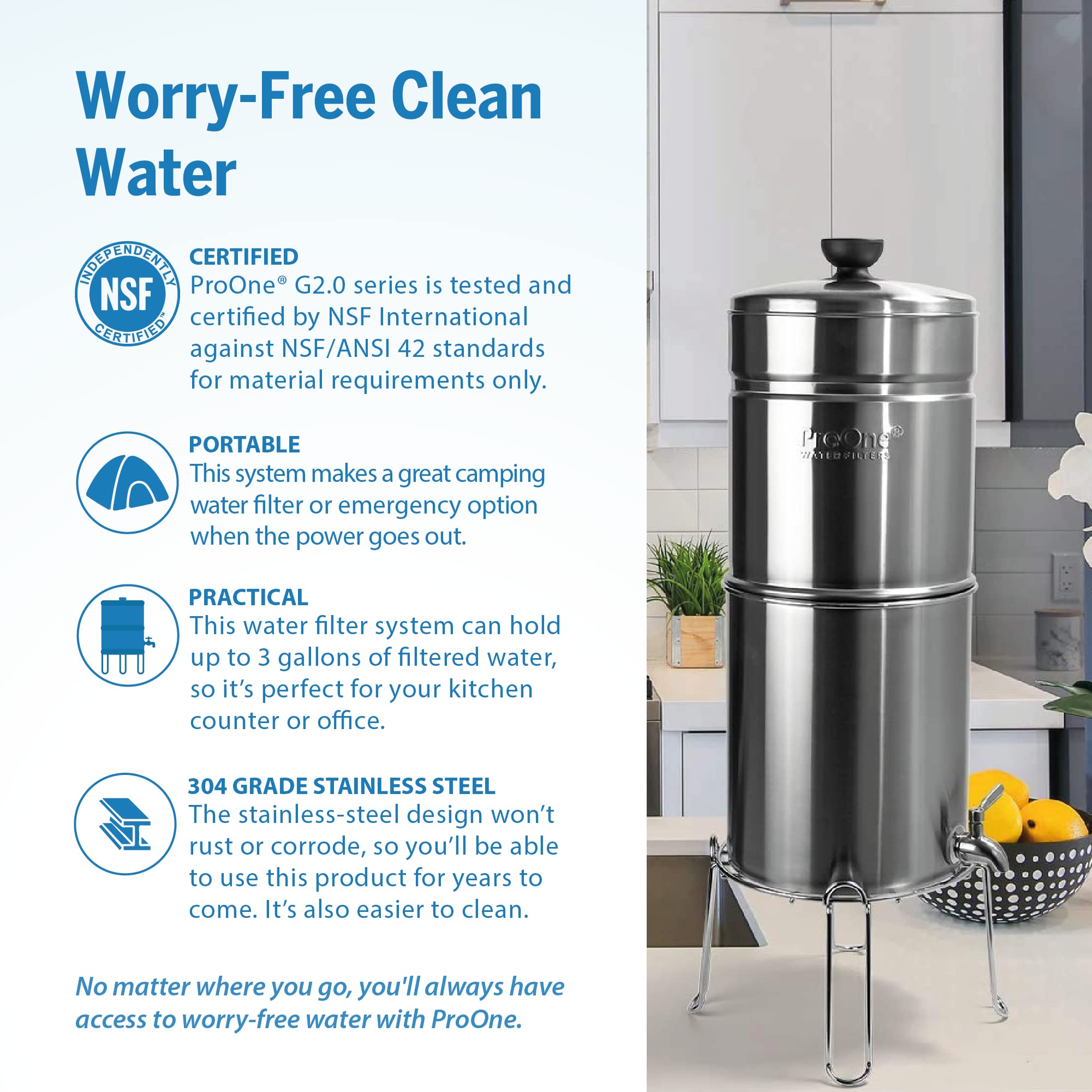 ProOne Big+ Gravity Water Filter System - High Capacity 3-Gallon Polished Stainless Steel NSF Certified Water Filter Dispenser & 2 Filters