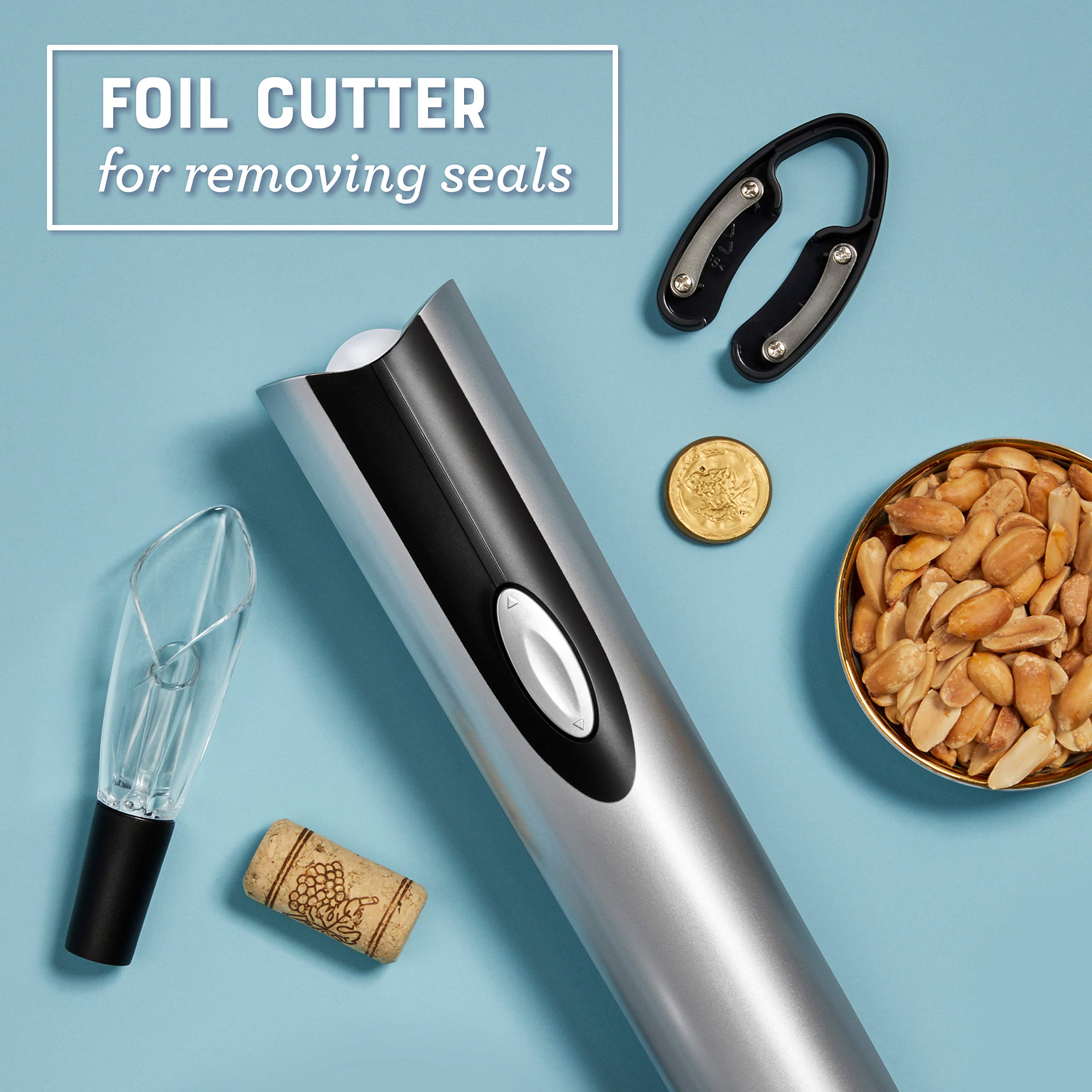 Oster Electric Wine Opener, Foil Cutter, Wine Pourer and Vacuum Wine Stoppers with CorkScrew and Charging Base, Black