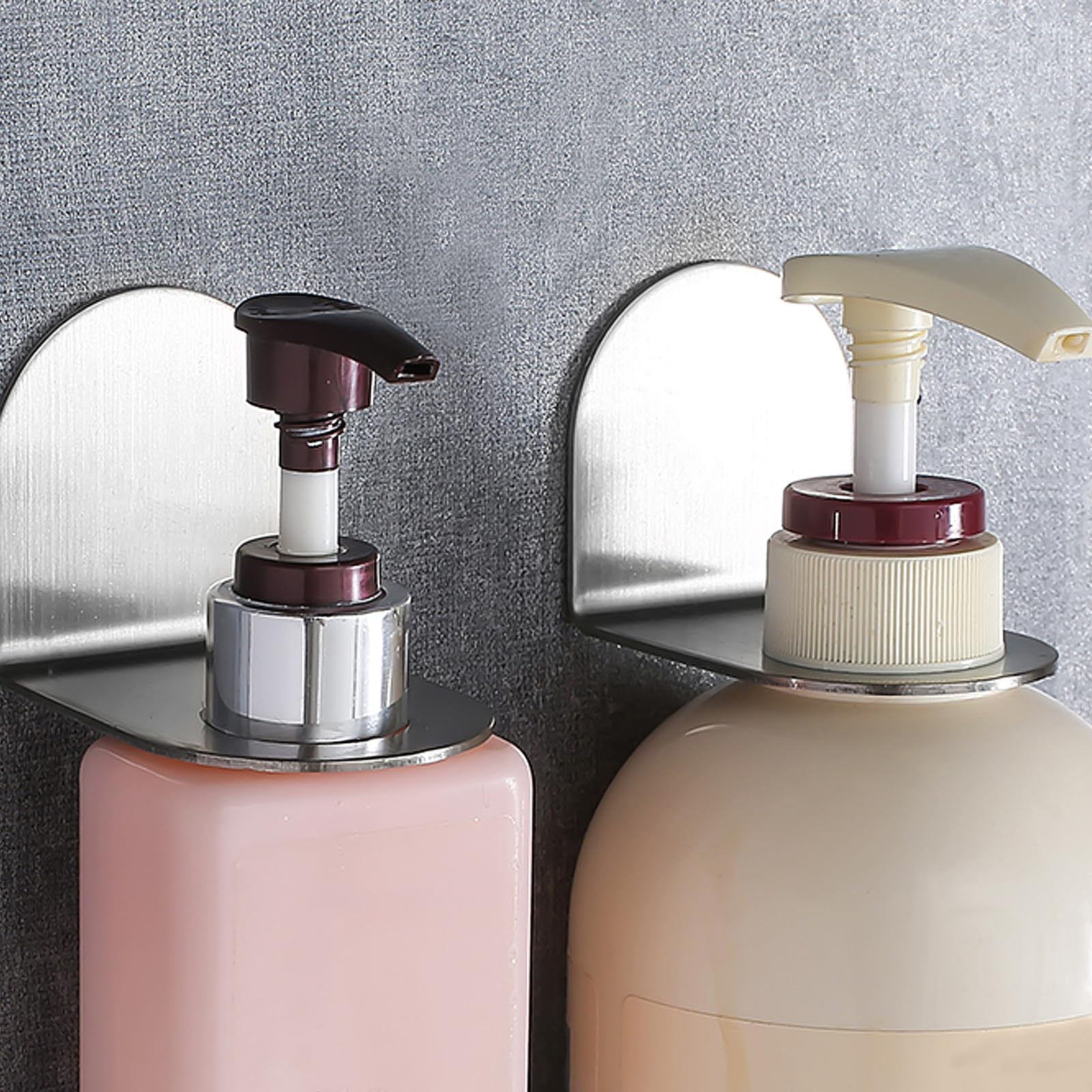 Cabilock Wall Mount Soap Dispenser Holder: 2pcs Bottle Dispenser Holder, Stainless Steel Hanging Rack, No Drilling Adhesive Shower Bottle Rack Hook (Diameter 1Inch+1.3Inch)