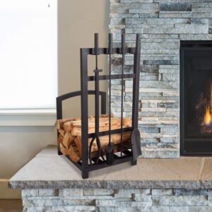 lavish home 5-piece fireplace tool set and log rack - mission-style firewood holder with shovel, broom, tongs, and poker for hearth (matte black)