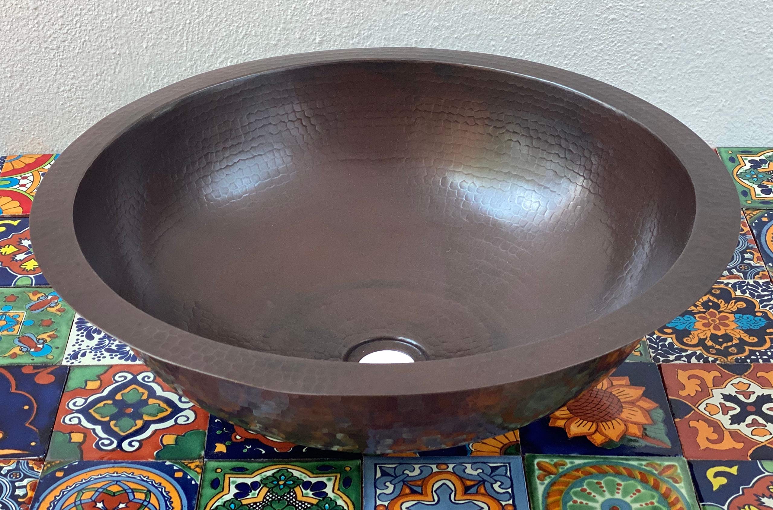 18" Round Copper Bathroom Sink Mexican Copper Bath Sink Pure Copper Hand Hammered Dual Mount Dark CPS07