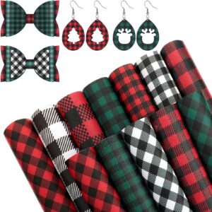 12 pieces christmas buffalo plaid faux leather sheets fabric sheets diy crafts synthetic leather sheets for earrings hair bows diy crafting, 6.3 x 8.3 inches