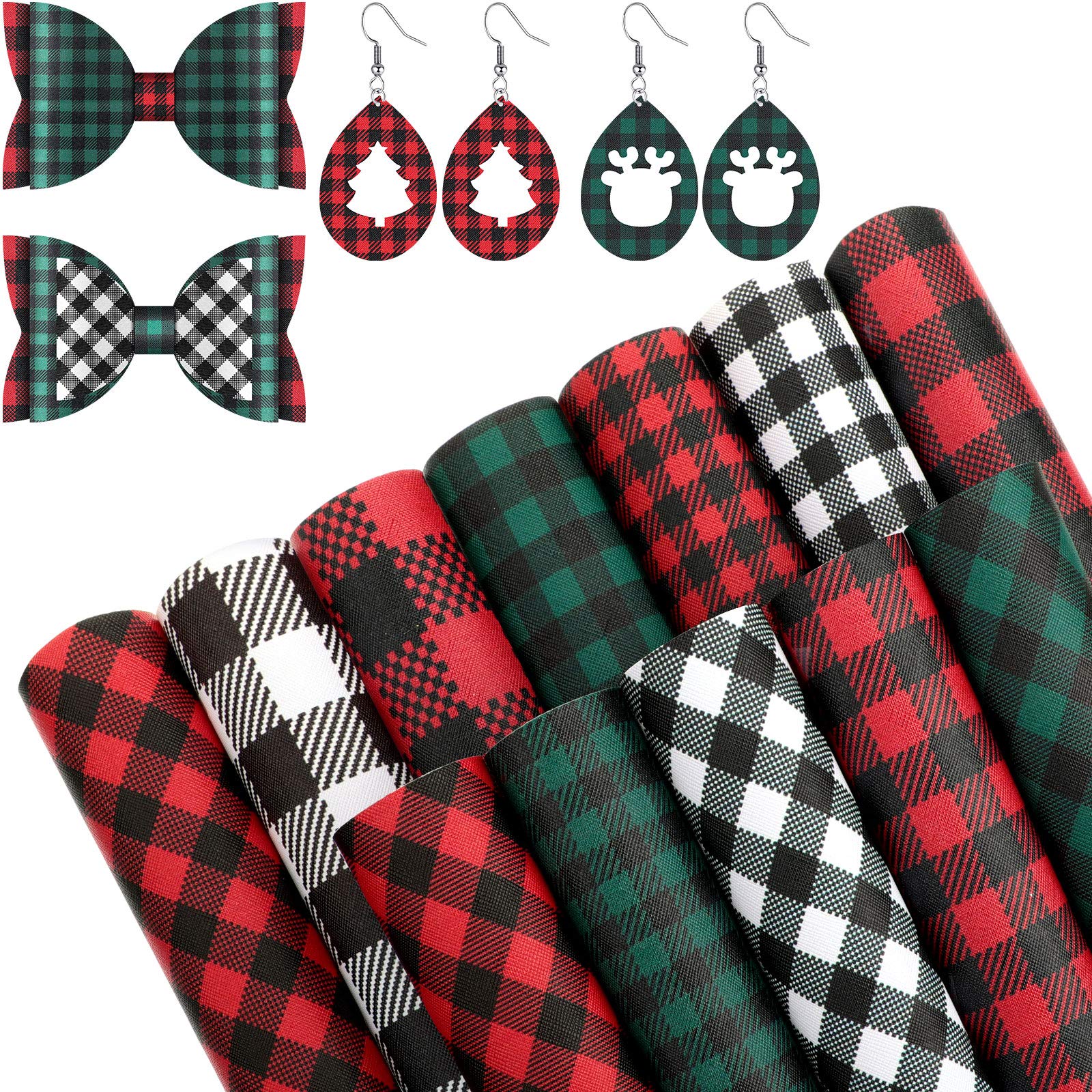 12 Pieces Christmas Buffalo Plaid Faux Leather Sheets Fabric Sheets DIY Crafts Synthetic Leather Sheets for Earrings Hair Bows DIY Crafting, 6.3 x 8.3 Inches