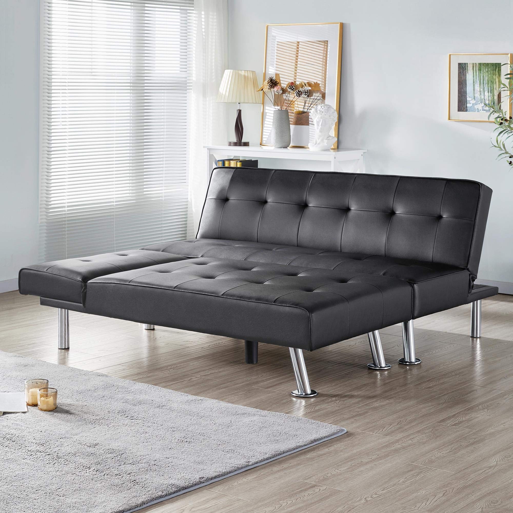 Yaheetech Convertible Sectional Sofa Couch L-Shaped Couch Faux Leather Sofa Bed Sleeper for Living Room Small Space Black