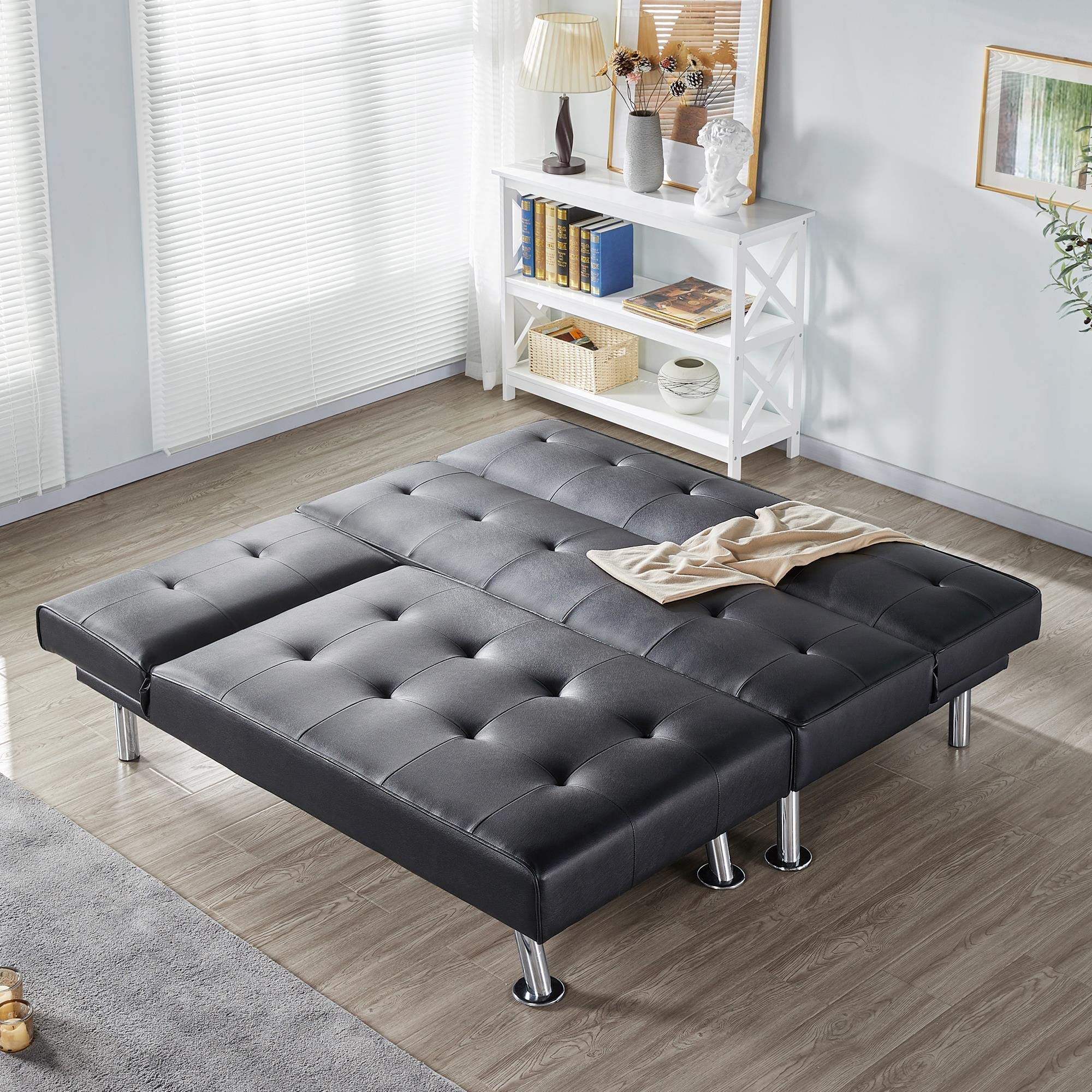 Yaheetech Convertible Sectional Sofa Couch L-Shaped Couch Faux Leather Sofa Bed Sleeper for Living Room Small Space Black