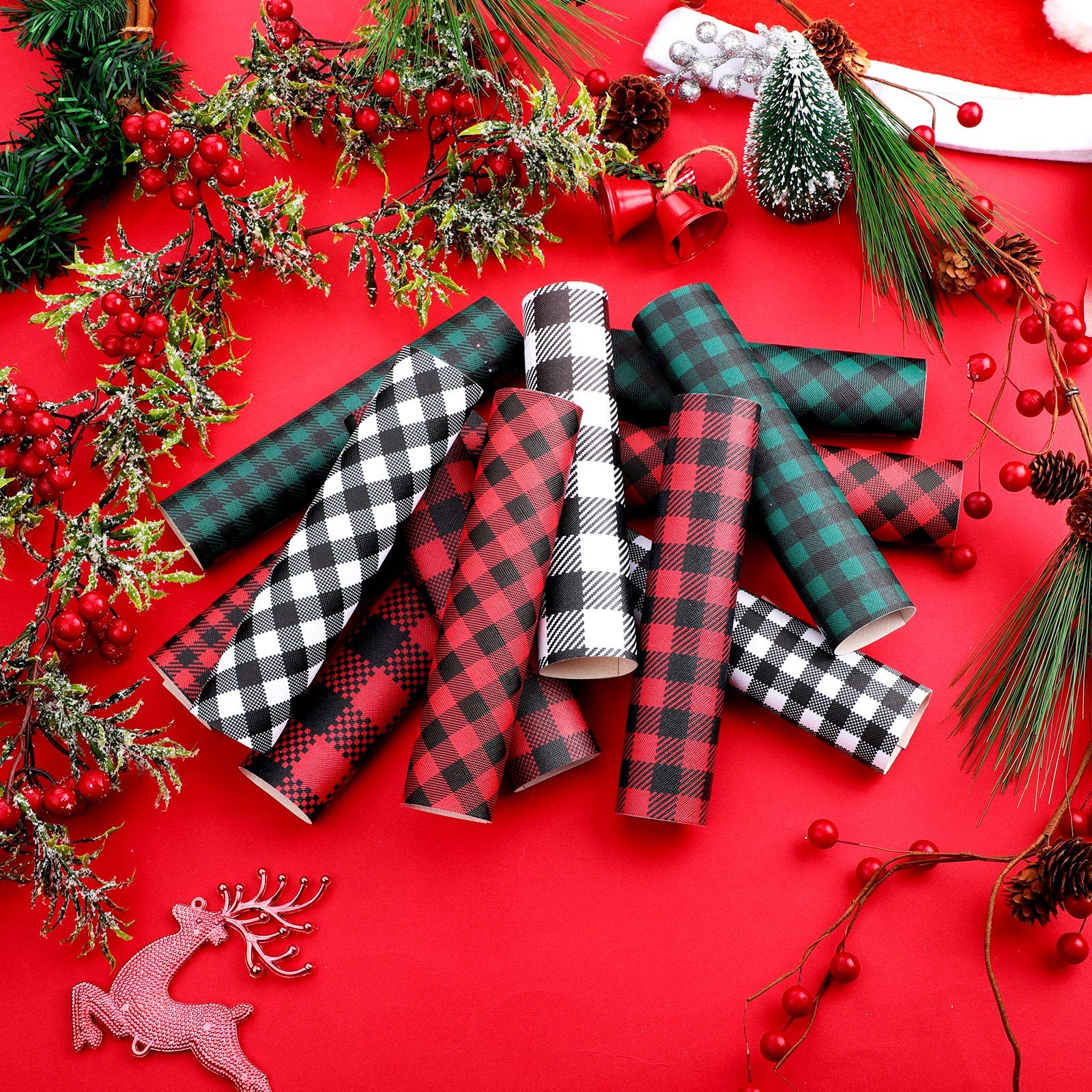 12 Pieces Christmas Buffalo Plaid Faux Leather Sheets Fabric Sheets DIY Crafts Synthetic Leather Sheets for Earrings Hair Bows DIY Crafting, 6.3 x 8.3 Inches