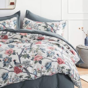 eikei cottage bloom garden duvet cover set french country provincial chic floral birds bedding peony blossom tree branches (muted, king)