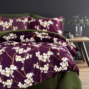 eikei almond tree blossom floral duvet cover chinoiserie chic style blooming trees vines and branches long staple cotton 3pc bedding set asian garden (deep plum, king)