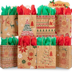 kiddokids 48 christmas gift bags 7" x 8.65" x 3.15", kraft holiday wrapping with tissue papers, 48 gift tags for xmas exchange, party favors goodie bags, christmas gift box packaging, decor