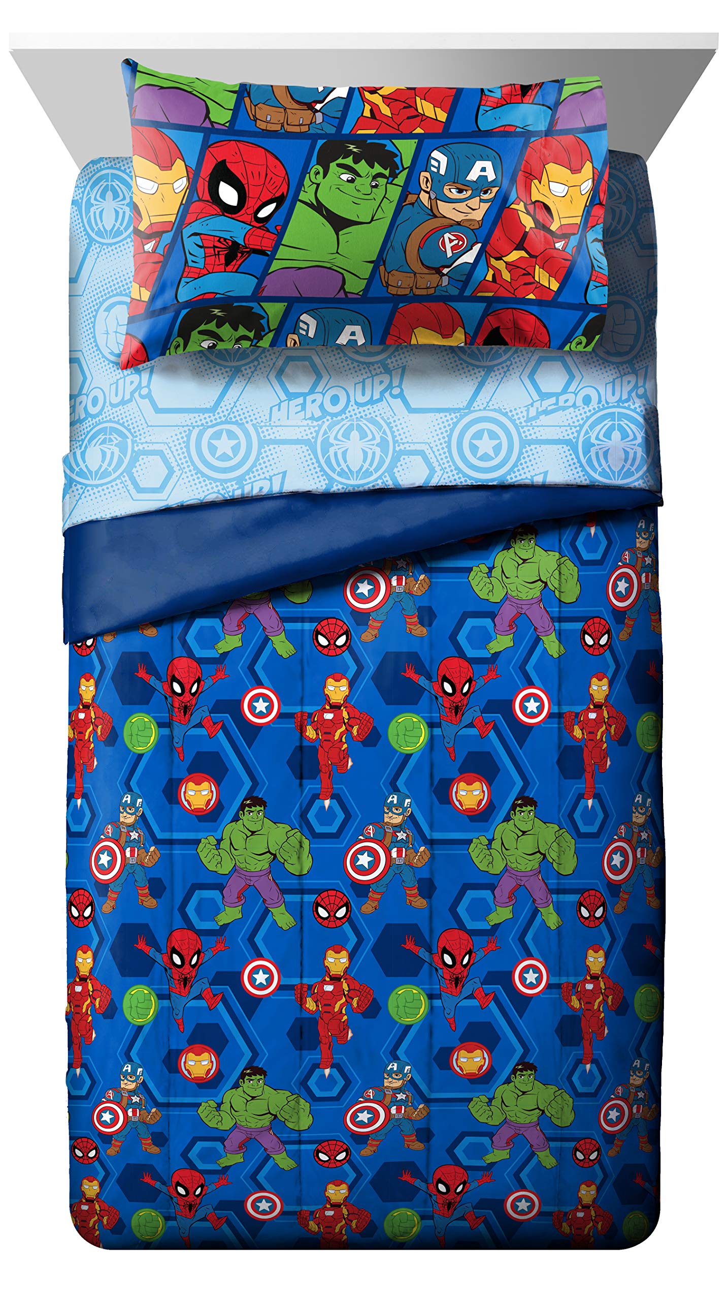 Jay Franco Marvel Super Hero Adventures Hero Together 4Piece Toddler Bed Set Super Soft Microfiber Bed Set Includes Toddler Size Comforter & Sheet Bedding Features The Avengers Official Product