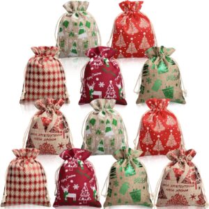 12 pieces christmas drawstring bags xmas metallic burlap bags bronzing bag assorted colors linen pouches xmas elements snowman snowflake santa claus wrapping bags for candy goody birthday wedding