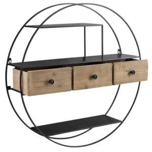 Linon Nerah Round Metal and Wood Wall Shelf in Black and Brown