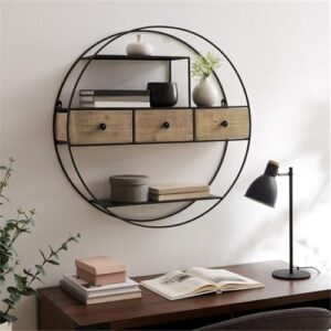 Linon Nerah Round Metal and Wood Wall Shelf in Black and Brown