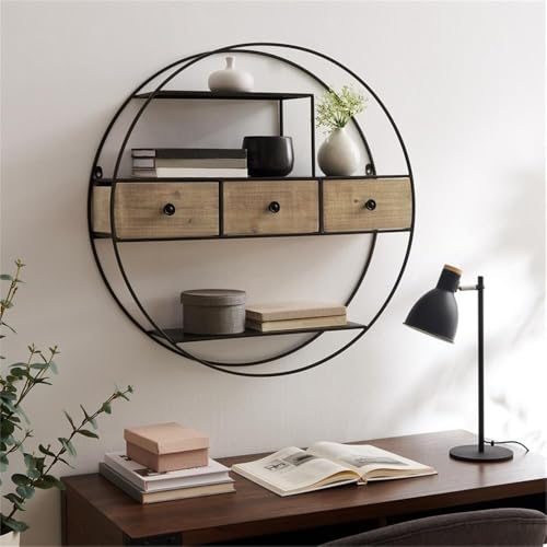 Linon Nerah Round Metal and Wood Wall Shelf in Black and Brown