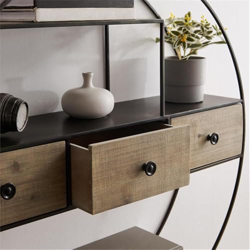 Linon Nerah Round Metal and Wood Wall Shelf in Black and Brown