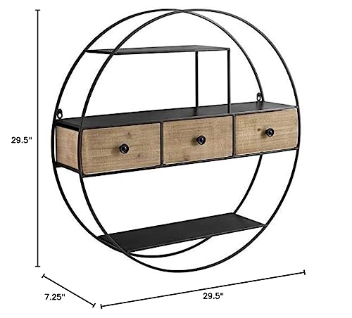 Linon Nerah Round Metal and Wood Wall Shelf in Black and Brown