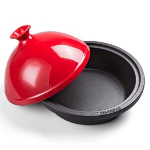 myyingbin 3 liters moroccan tagine pot cast iron base ceramic lid clay casserole suitable for 3-6 people, red