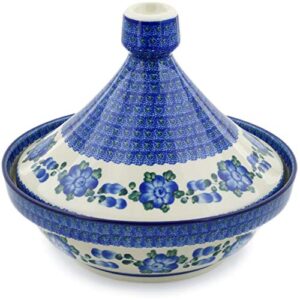 polish pottery 56 oz tagine pot made by ceramika artystyczna (blue poppies theme) + certificate of authenticity