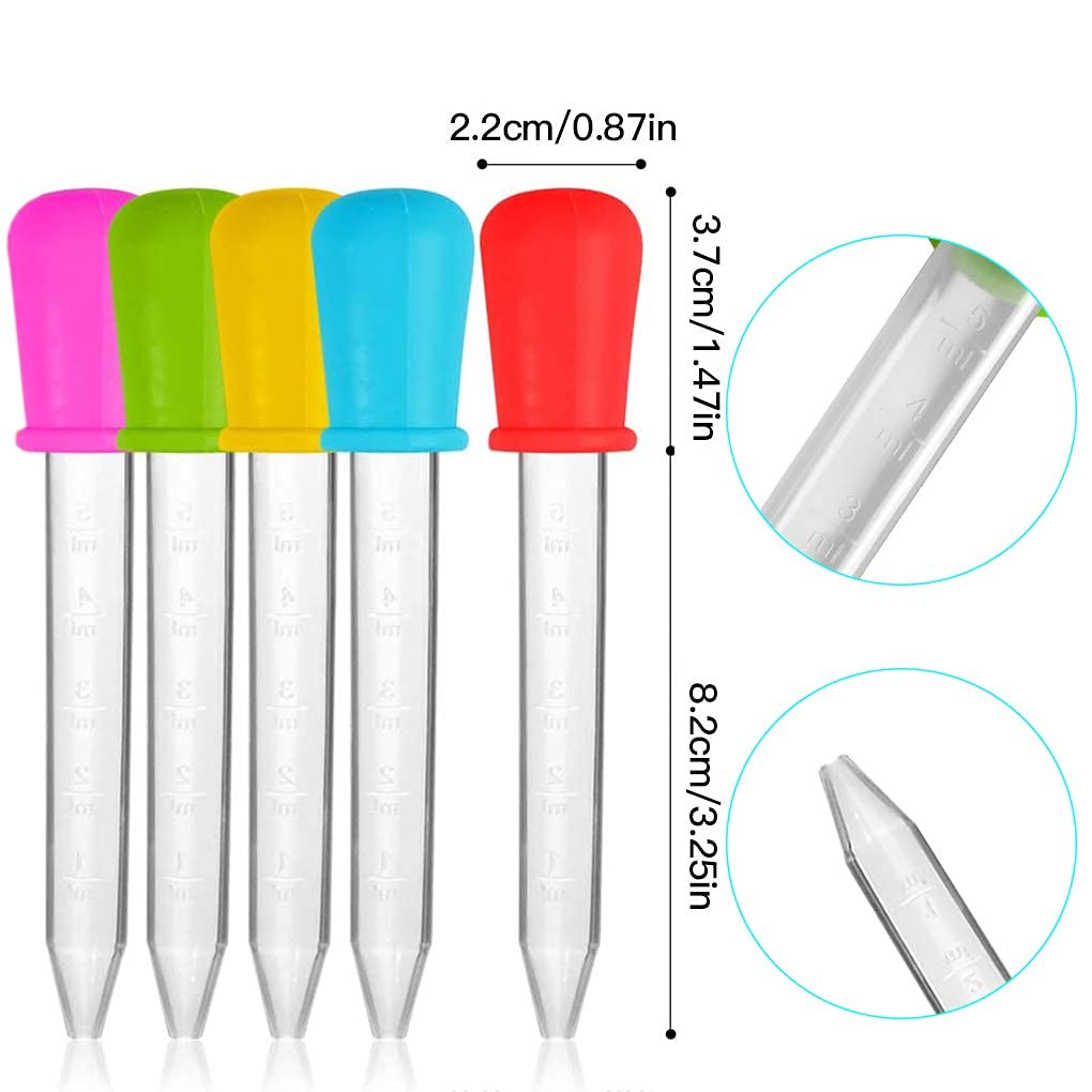 HiMo 10 Pack Liquid Pipettes Droppers Silicone 5ml Clear Medicine Eye Dropper for Kids with Bulb Tip & Clean Brush for Candy Mold, Gummy Bear, Gelatin Maker, Oil Science, Crafts Projects (10 Colors)