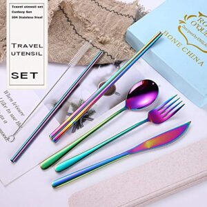 AARAINBOW 6 Pieces 18/8 Stainless Steel Flatware Set Portable Reusable Cutlery Set Travel Utensils Set Including Chopsticks Knife Fork Spoon Straws Cleaning Brush Dishwasher Safe (Multicolored)