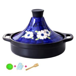 myyingbin hand painted tagine pot, lead free ceramic cookware, enamel cast iron layer slow cooker with gloves potholder, blue