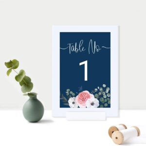 Andaz Press Winter Navy Blue with Eucalyptus Blossoms Wedding Table Numbers 1-20, 4x6-Inches Table Number Cards For Wedding Reception Table Number For Seating Chart For Wedding Reception, Boda