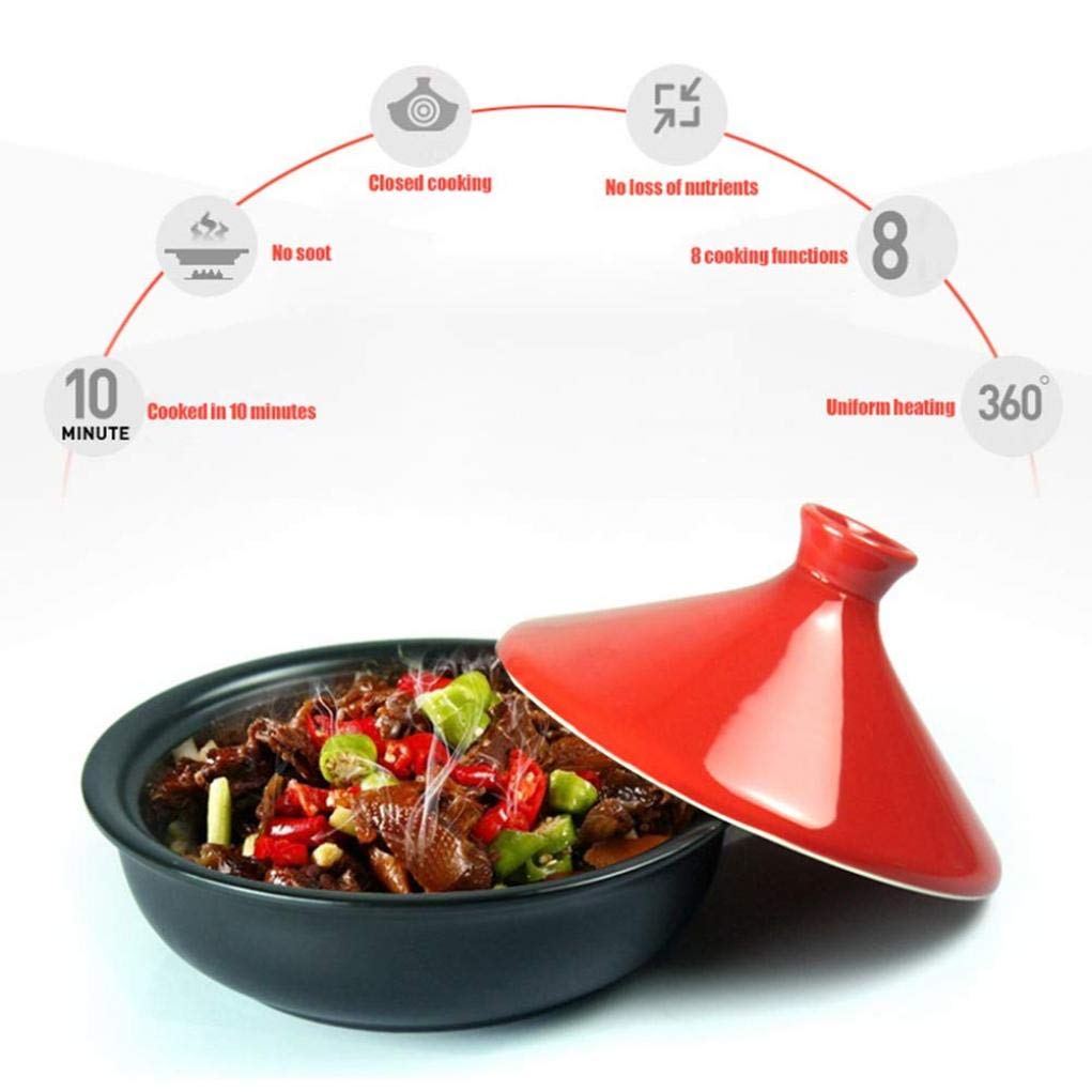 MYYINGBIN Healthy Lead Free Ceramic Tagine Pot with Wooden Shovel and Tray, Stew Casserole Slow Cooker, 23cm, Red