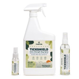 cedarcide extra-strength tickshield kit | deep woods cedar oil spray kills & repels ticks, fleas, chiggers and mosquitoes | safe for people & pets | natural essential oils | medium