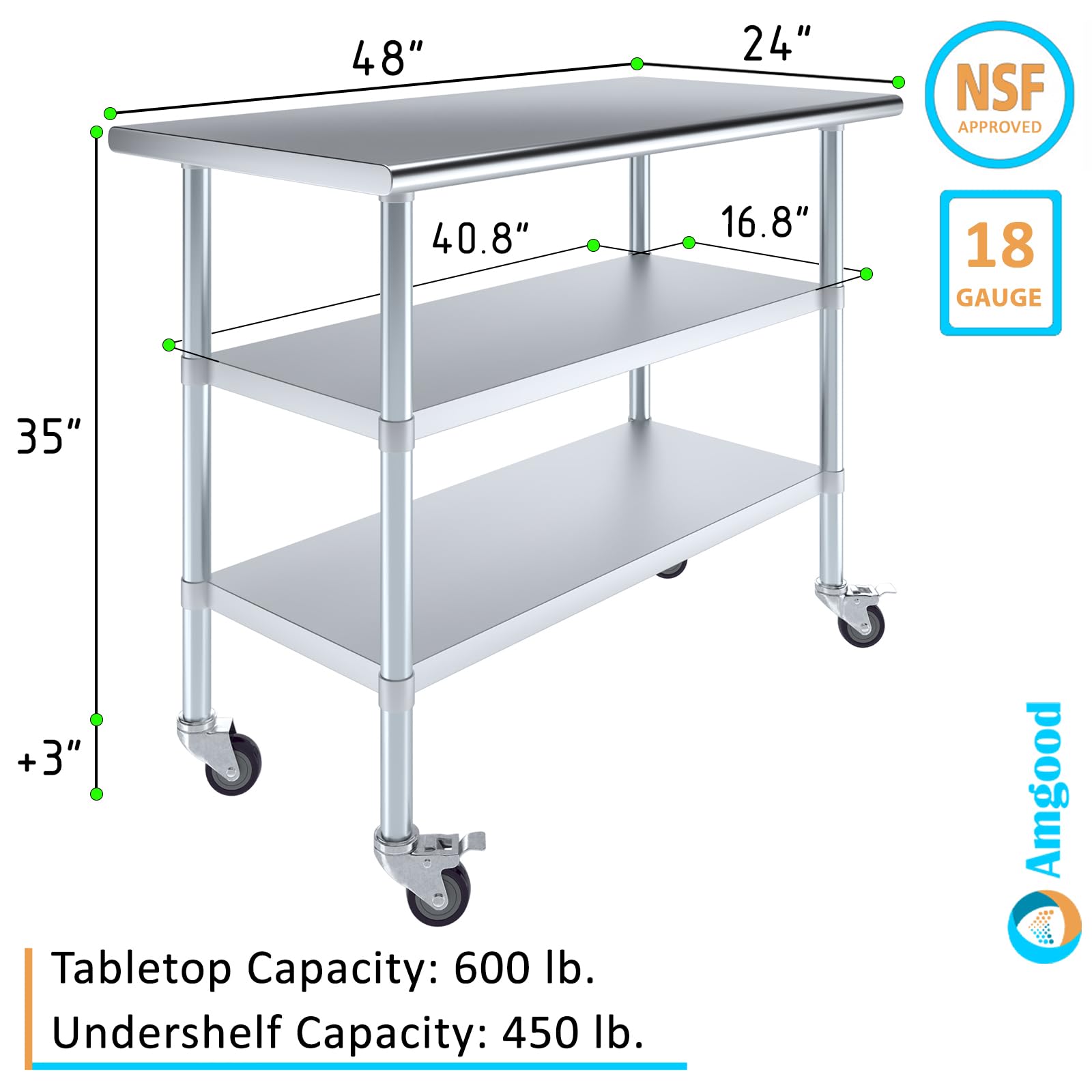 AmGood Stainless Steel Work Table with 2 Shelves and Casters | Metal Utility Table On Wheels (Stainless Steel Work Table with 2 Shelves + Casters, 48" Long x 24" Deep)