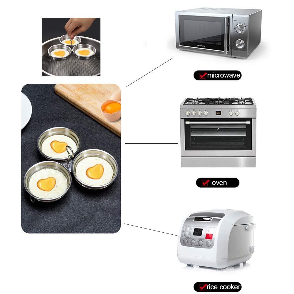 Stainless Steel Egg Poacher, 3-Cup Poached Egg Maker Cups, Nonstick Egg Steamer with Rack for Microwave Oven Stovetop Steamer