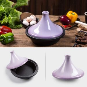 MYYINGBIN 1.7Liter Tagine Pot with Enameled Cast Iron Base and Cone-Shaped Lid Anti-Hot Silicone Gloves, Suitable for 1-4 People, Purple