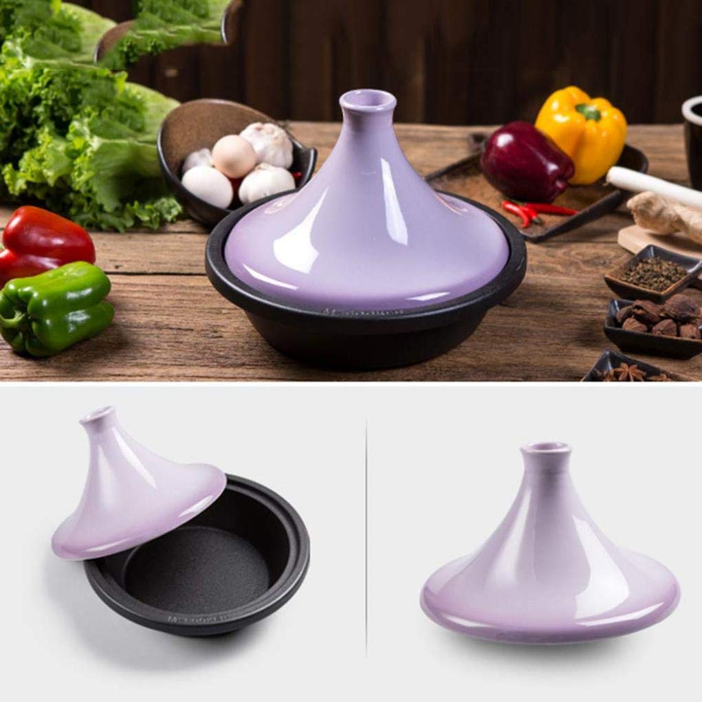 MYYINGBIN Moroccan Tagine Enameled Cast Iron Pot with Ceramic Lid Anti-Hot Silicone Gloves, Lead Free stew Pot Cookware, Purple