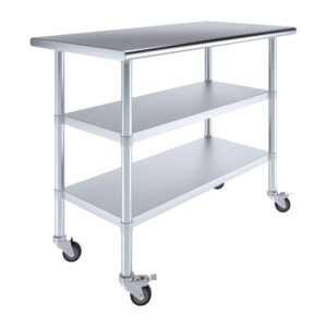 amgood stainless steel work table with 2 shelves and casters | metal utility table on wheels (stainless steel work table with 2 shelves + casters, 48" long x 24" deep)