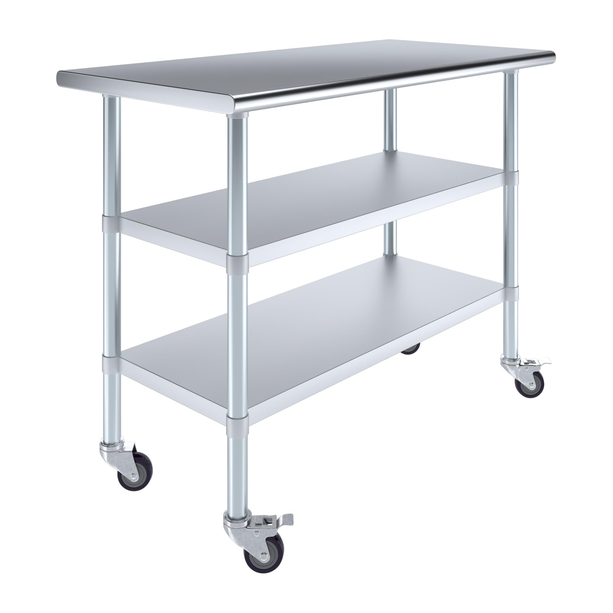 AmGood Stainless Steel Work Table with 2 Shelves and Casters | Metal Utility Table On Wheels (Stainless Steel Work Table with 2 Shelves + Casters, 48" Long x 24" Deep)