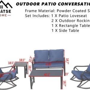 LOKATSE HOME 5 Pieces Patio Conversation Set Outdoor Metal Furniture Padded Deep Seating with Loveseat, 2 Rocking Chairs and 2 Coffee Table, Blue