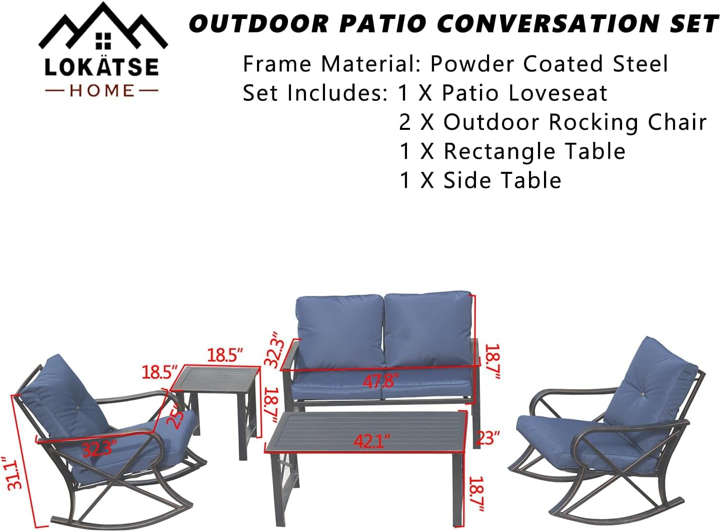 LOKATSE HOME 5 Pieces Patio Conversation Set Outdoor Metal Furniture Padded Deep Seating with Loveseat, 2 Rocking Chairs and 2 Coffee Table, Blue