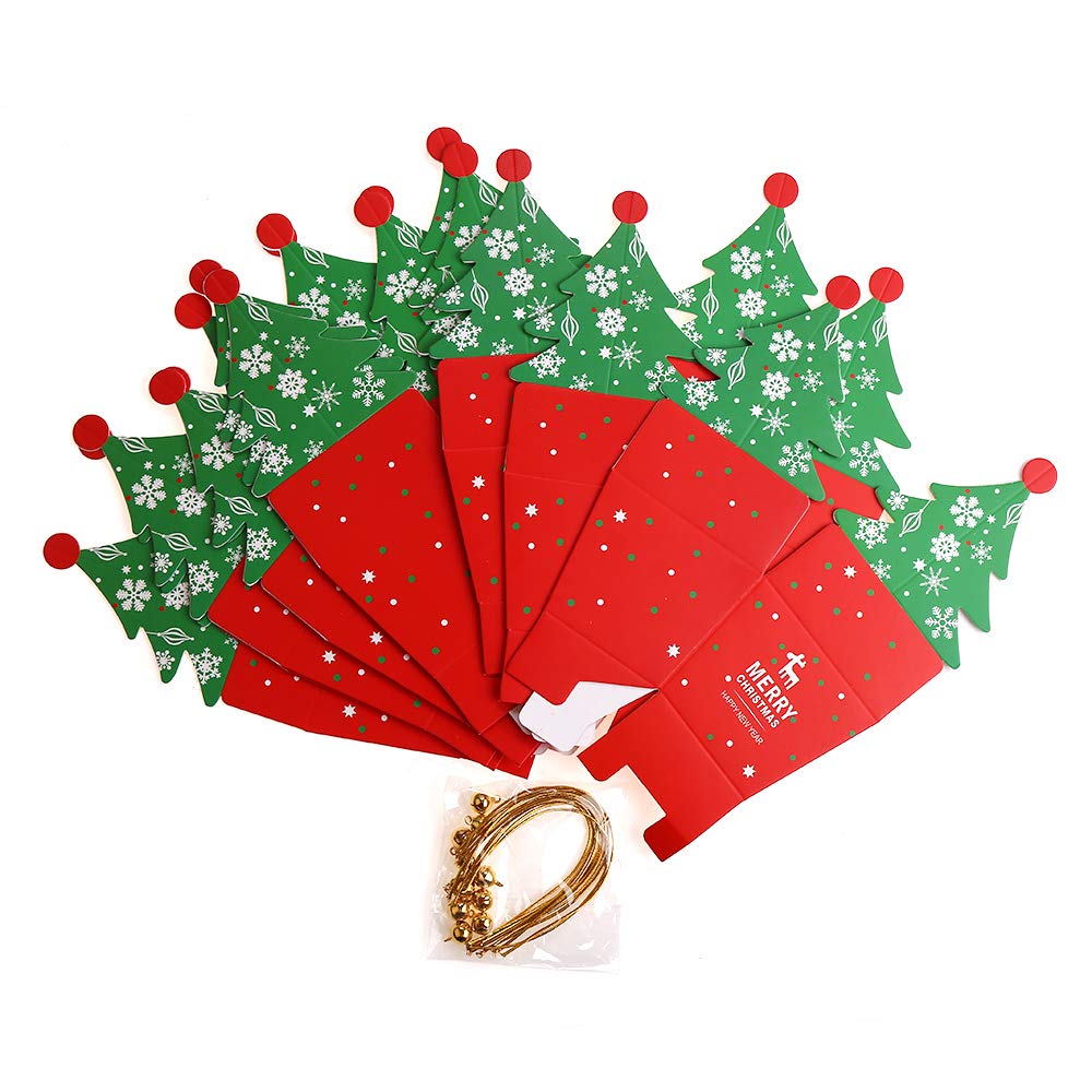 DERAYEE 3D Mini Christmas Treat Gift Boxes, 10 Pcs Party Favors Candy Goody box Christmas Tree Shape boxes with Bells