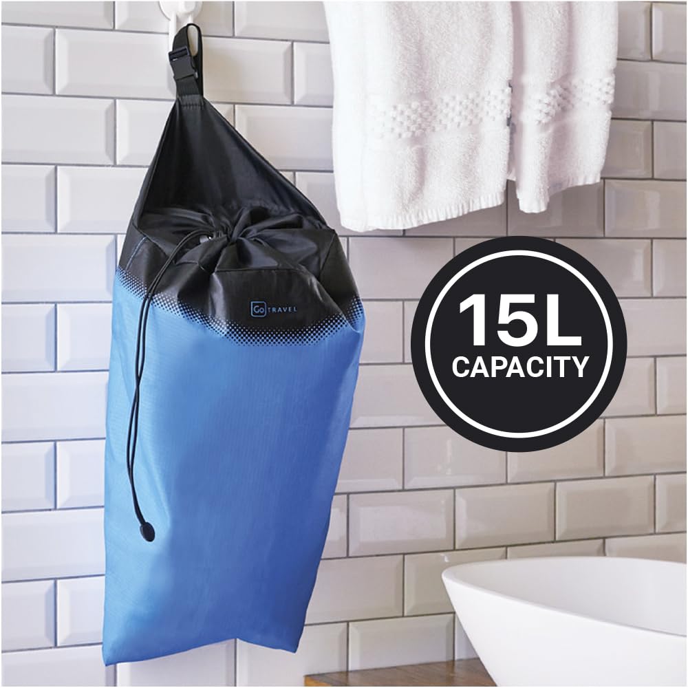 Go Travel Laundry Bag, Drawstring Bag to Compartmentalize Dirty Laundry and Clean Clothes, Washable, Polyester Laundry Bag, Travel Essentials, Blue, 15 Liters