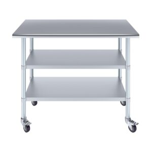 AmGood Stainless Steel Work Table with 2 Shelves and Casters | Metal Utility Table On Wheels (Stainless Steel Work Table with 2 Shelves + Casters, 48" Long x 24" Deep)