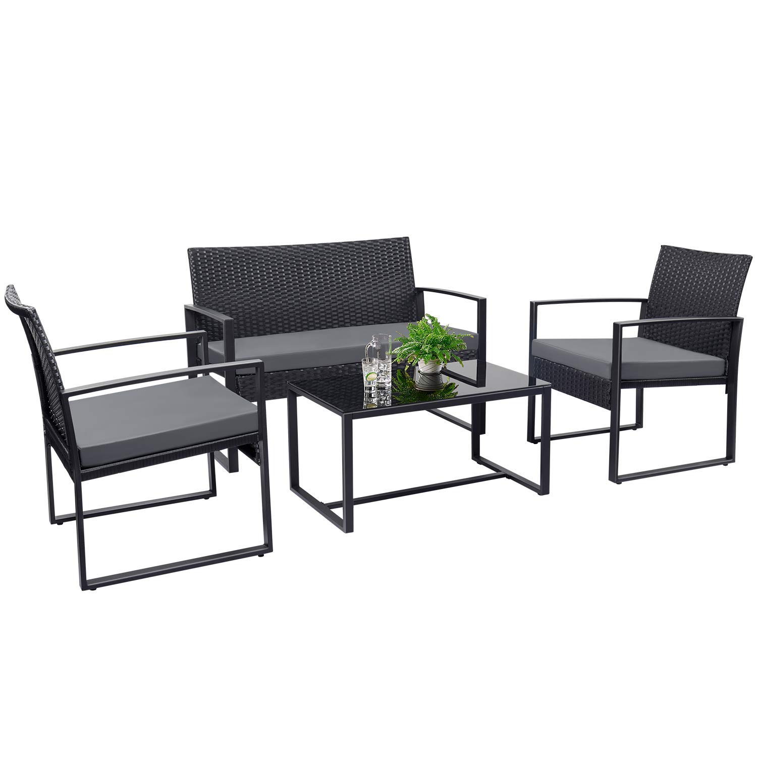 Tuoze 4 Pieces Patio Furniture Set Outdoor Patio Conversation Sets Modern Porch Furniture Lawn Chairs with Glass Coffee Table for Home Garden Backyard Balcony (Grey)