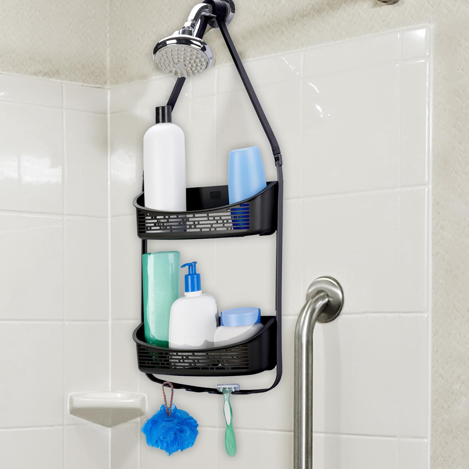 BLACK+DECKER 2-Way Convertible Hanging Anti-Swing Shower Caddy, 2 Way Adjustable Arm, Over The Door, Loofah & Razor Hooks, Storage & Organization, Large and Small Bottles and More, Black