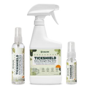 cedarcide extra-strength tickshield kit | deep woods cedar oil spray kills & repels ticks, fleas, chiggers & mosquitoes | safe for people & pets | natural essential oils | small