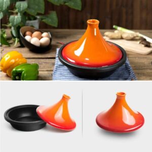 MYYINGBIN Moroccan Tagine Enameled Cast Iron Pot with Ceramic Lid Anti-Hot Silicone Gloves, Lead Free stew Pot Cookware, Orange