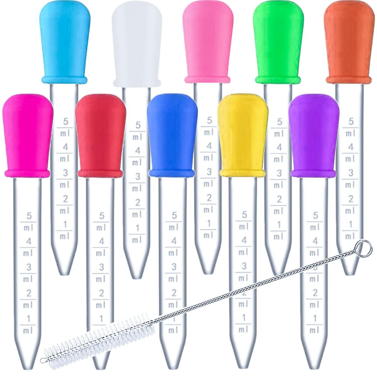 HiMo 10 Pack Liquid Pipettes Droppers Silicone 5ml Clear Medicine Eye Dropper for Kids with Bulb Tip & Clean Brush for Candy Mold, Gummy Bear, Gelatin Maker, Oil Science, Crafts Projects (10 Colors)