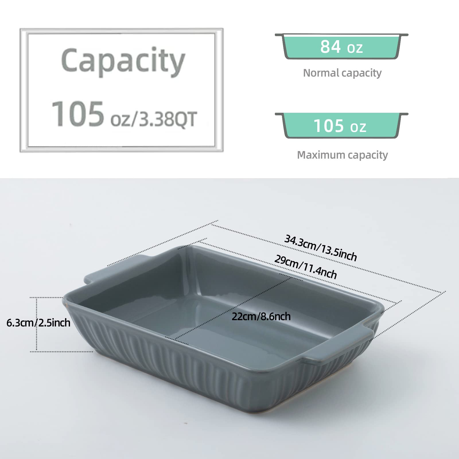 FE Baking Dish, 11"x 8"Rome Pillar Casserole Dish, 3.38 Quart Lasagna Pan with Handles, Ceramic Rectangular Baking Pan for Dinner & Banquet(Red)