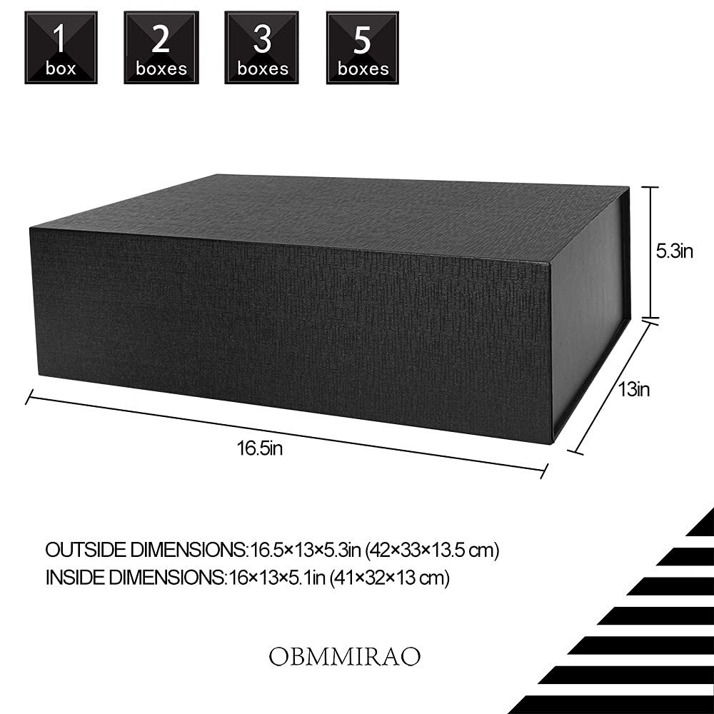 OBMMIRAO Upgrade 1PCS Black Hard Extra Large Gift Box with Lid,16.5 x13 x5.3 Inch, Magnetic Gift Boxes for Clothes Robe Wedding Dress Sweater and Gifts,Reusable Foldable Bridesmaid Proposal Box