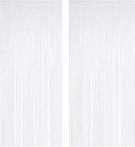 white foil fringe curtain, 2pcs 3.28ft x 8.2ft metallic tinsel door curtains photo booth backdrop for wedding birthday bridal shower baby shower bachelorette christmas party decorations