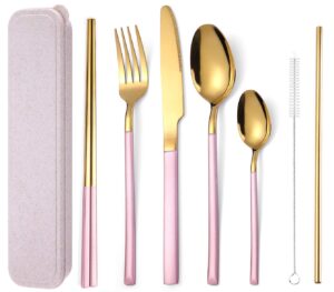 aarainbow 7 pieces stainless steel flatware set portable reusable cutlery set travel utensils set including chopsticks knife fork spoon straws cleaning brush dishwasher safe (pink golden)